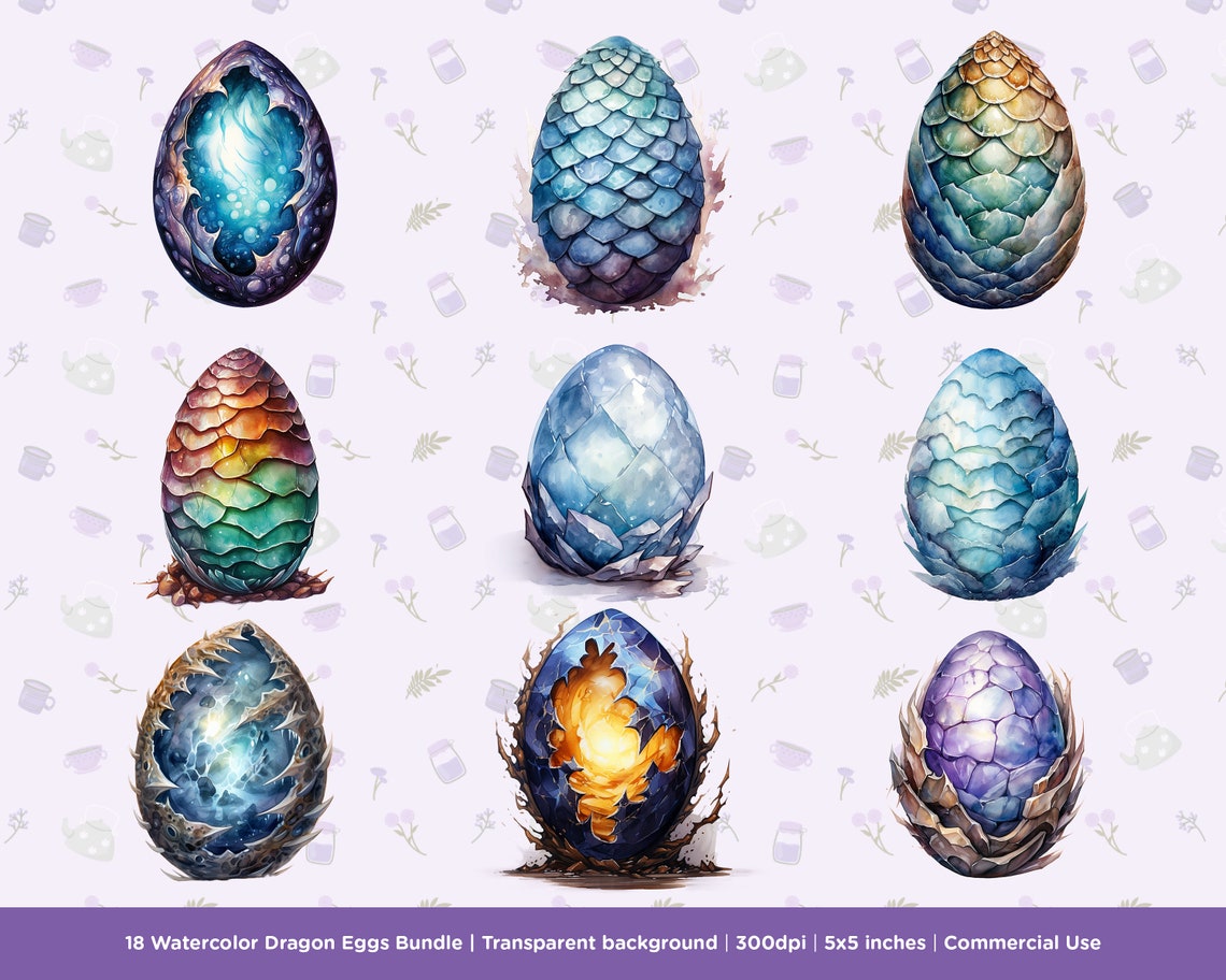 18 Watercolor Dragon Eggs Clipart - Celestial, Elemental, Magicka ...