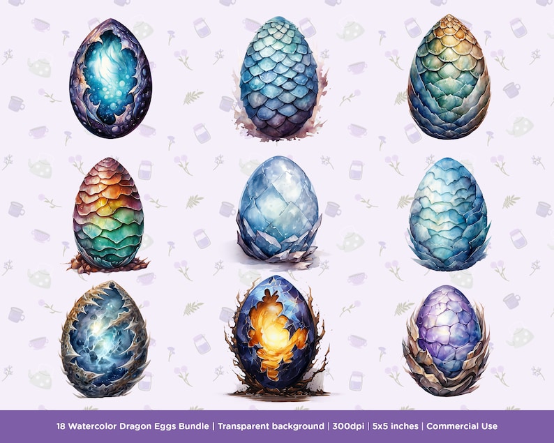 18 Watercolor Dragon Eggs Clipart - Celestial, Elemental, Magicka ...