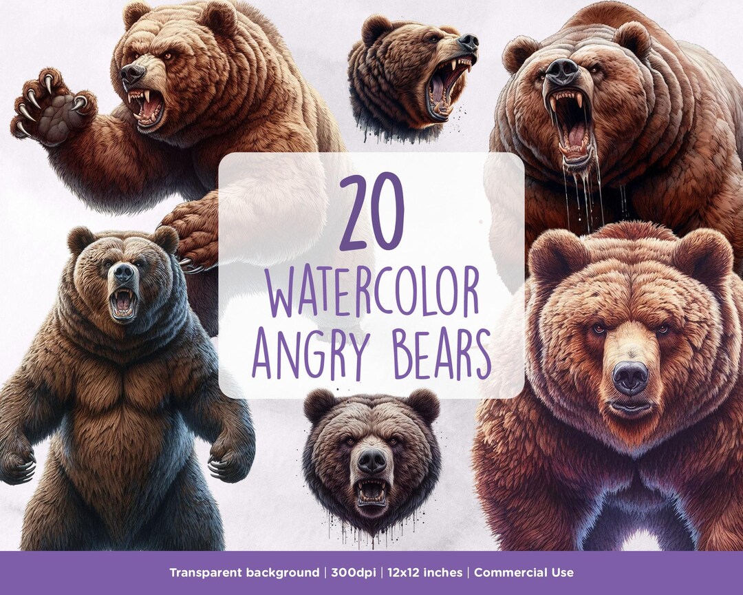 20 Watercolor Angry Bears Clipart - Fierce, Wildlife Art, Animals ...