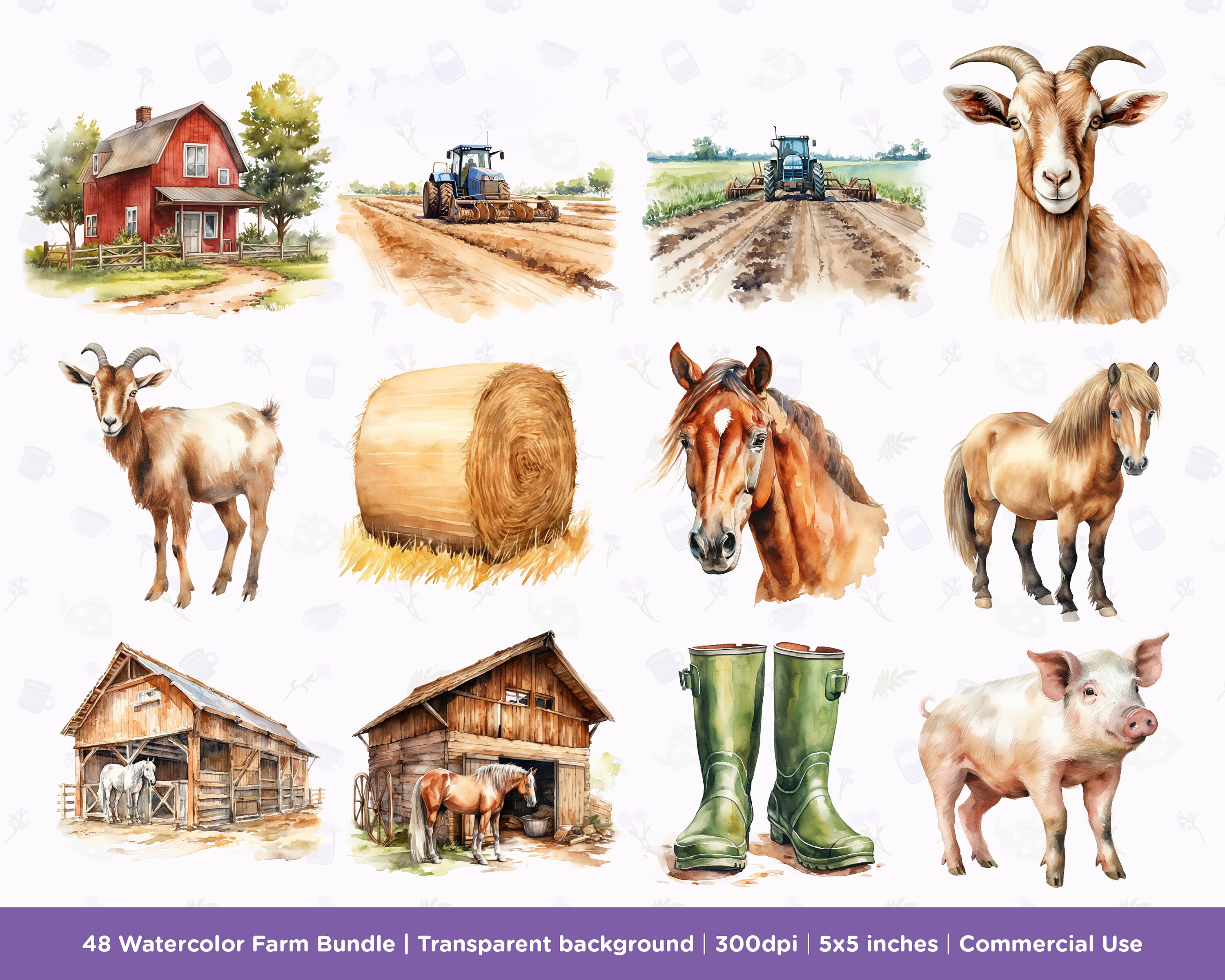 48 Watercolor Farm Clipart - Farm Animals, Cows, Horses, Chickens, Hen ...