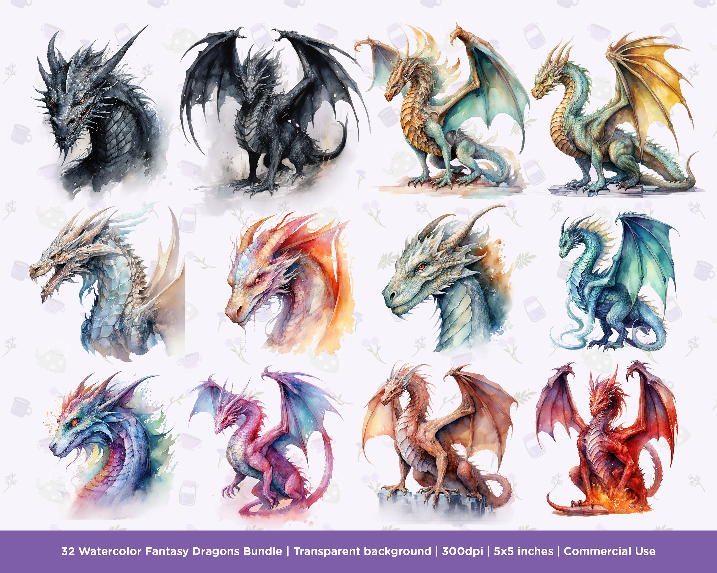 32 Watercolor Fantasy Dragons Clipart - Magical, Medieval, Fairy Tales ...