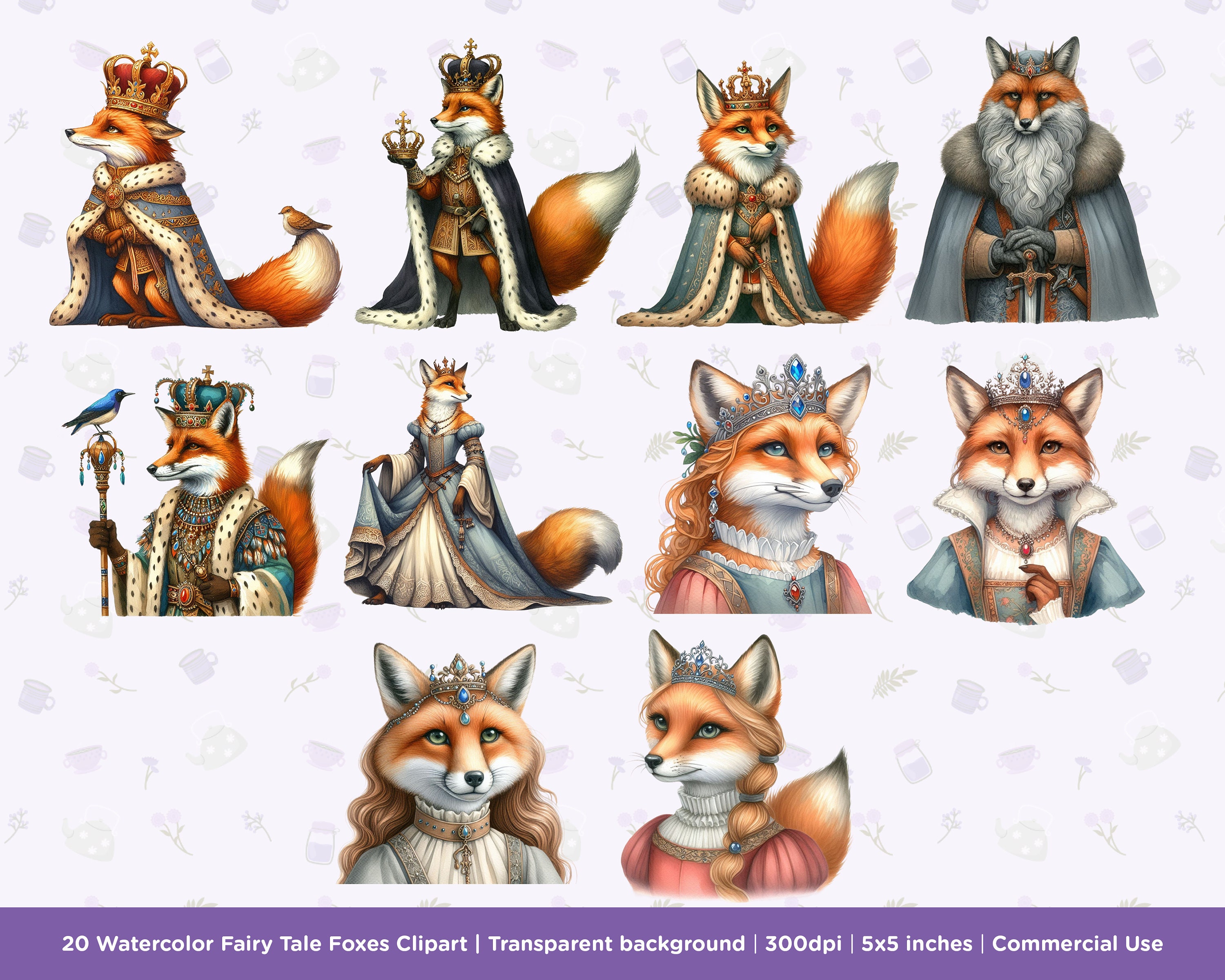 20 Watercolor Fairy Tale Foxes Clipart Wizard,princess,medieval,knight ...