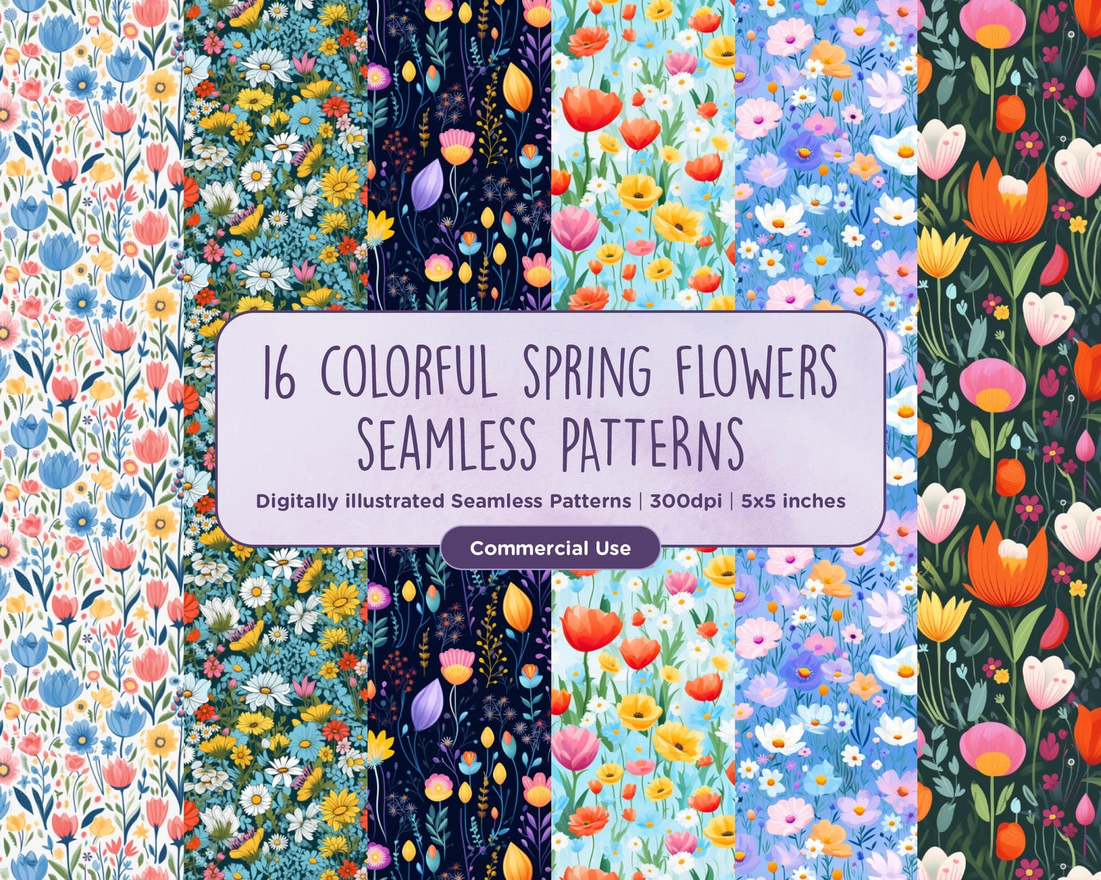 16 Colorful Spring Flowers Seamless Patterns - Weddings, Spring, Summer ...
