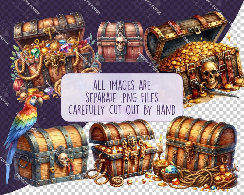 24 Watercolor Pirate Treasure Chests Clipart - Gems, Diamonds ...