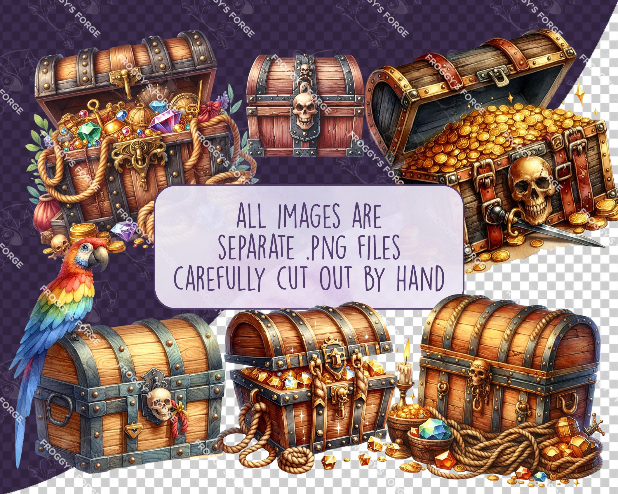 24 Watercolor Pirate Treasure Chests Clipart - Gems, Diamonds ...