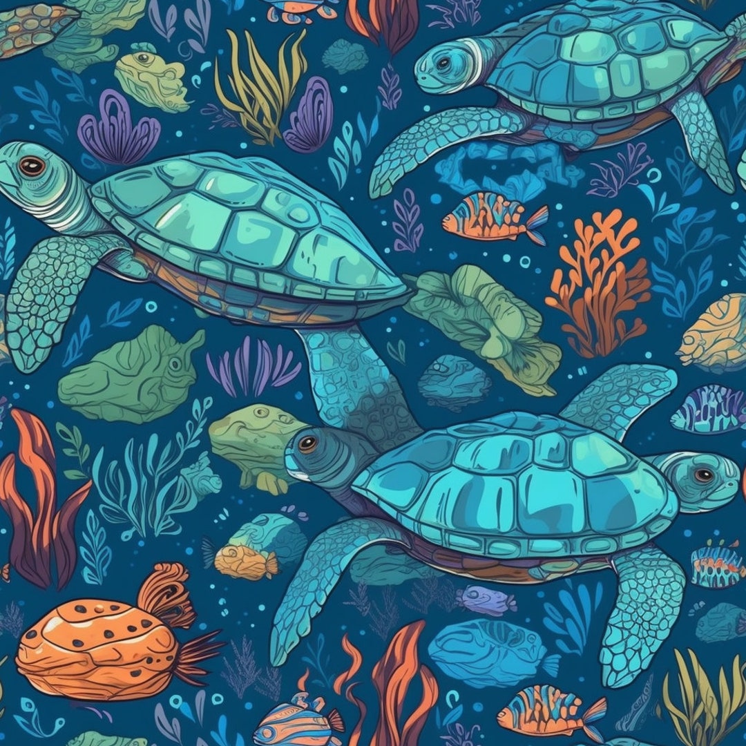 Turtle Life Exploring the Sea Digital Print Tiled - Etsy