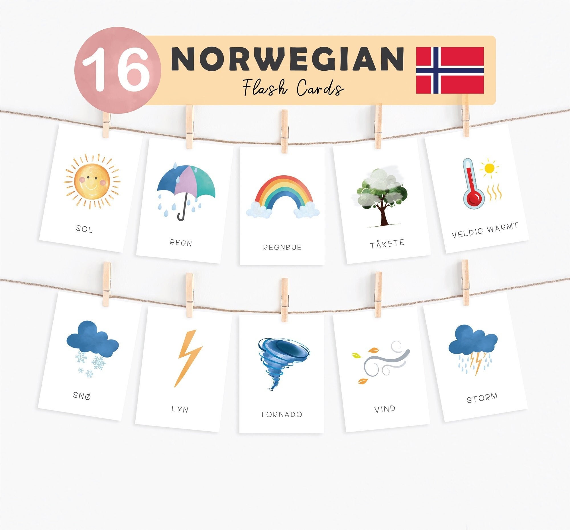 Norwegian Weather Flash Cards Weather Flashcards for Kids Norwegian ...