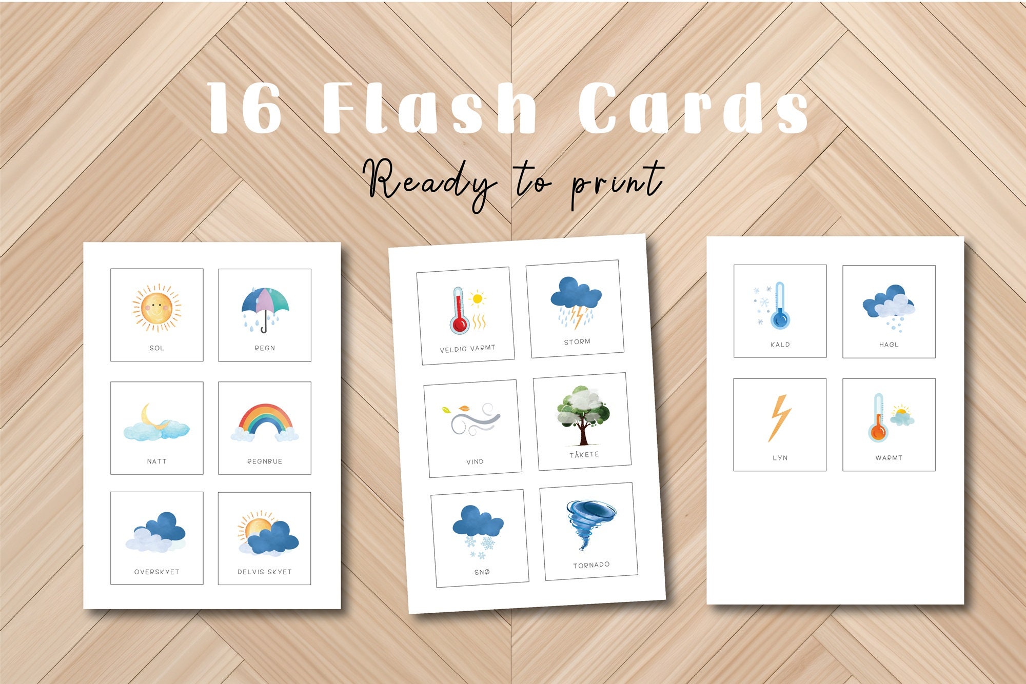 Norwegian Weather Flash Cards Weather Flashcards for Kids Norwegian ...