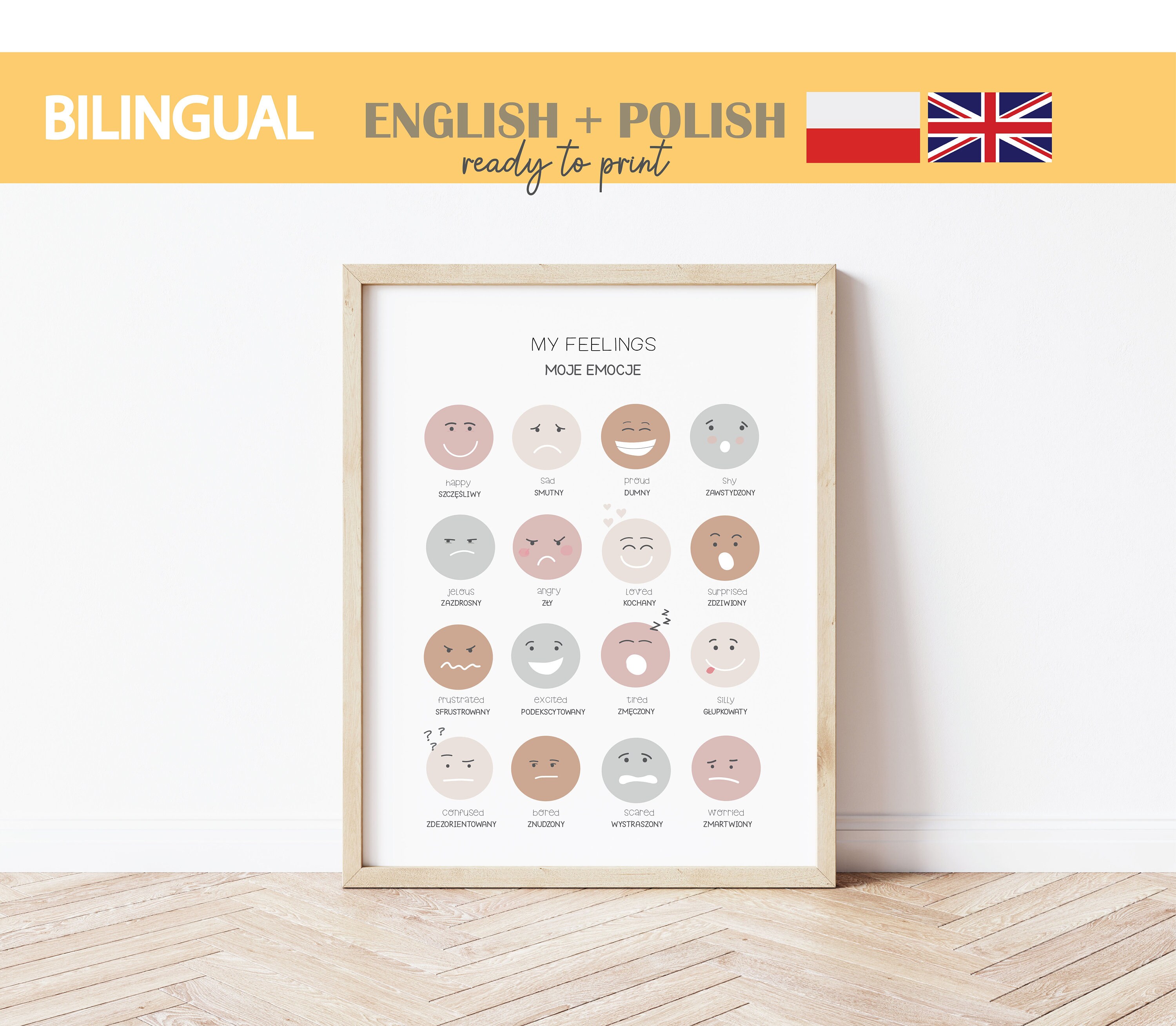 Bilingual Polish Poster – Kids Wall Decor, Feelings Chart Emotions ...