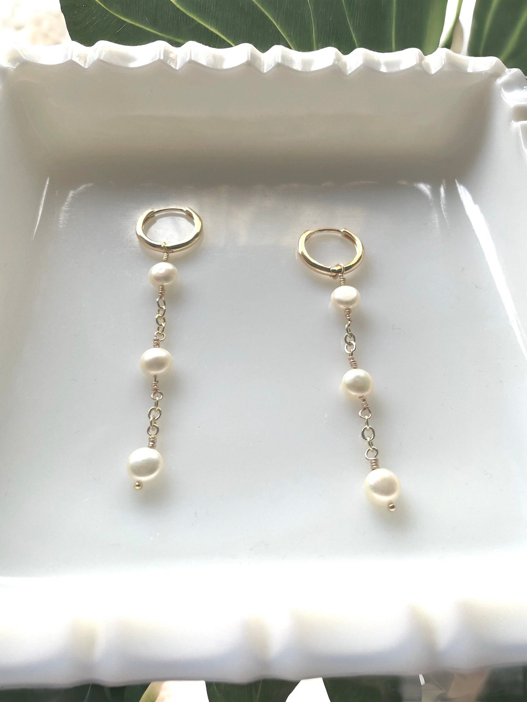 The Lucy Dainty 14k Gold Filled Button Pearl Hoop Dangle Earring - Etsy