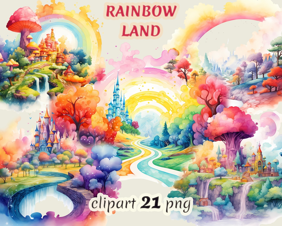 Watercolor Rainbow Land Clipart, Fairyland Clipart, Rainbow Castle ...