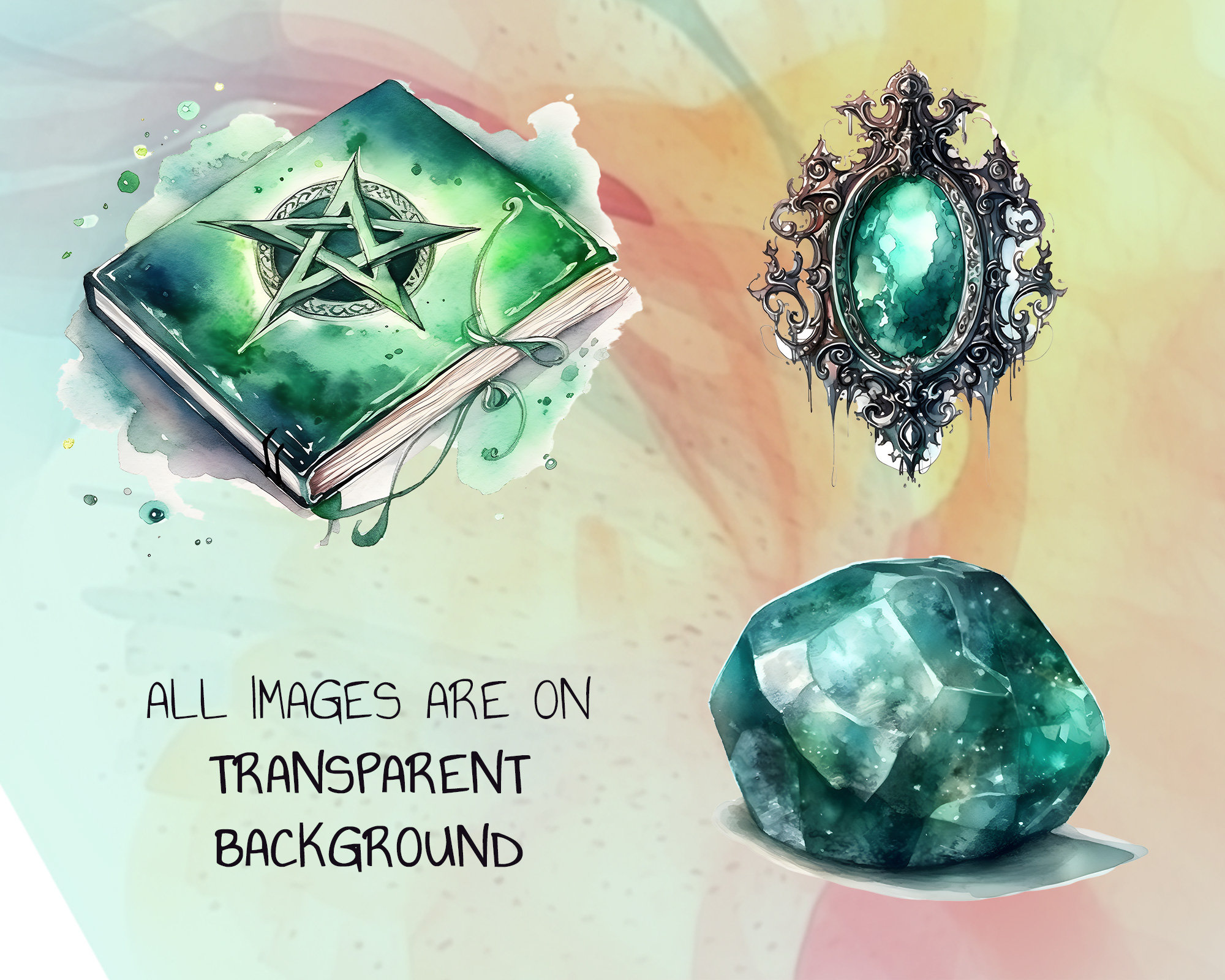 Watercolor Emerald Wizard Clipart Bundle on Transparent Background, Occult Power, Green ...