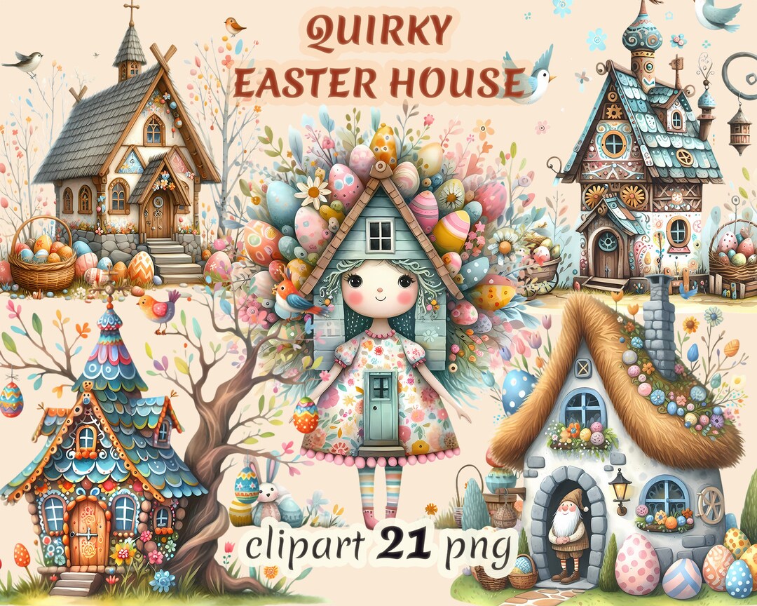 Watercolor Quirky Easter Houses Clipart, Egg Tree House Png, Whimsical ...