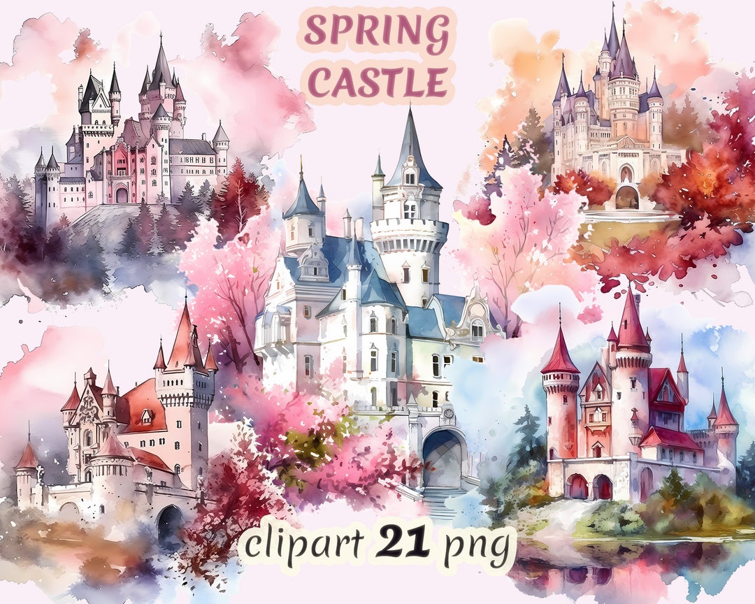 Watercolor Spring Castle Clipart Princess Castle Fairy - Etsy