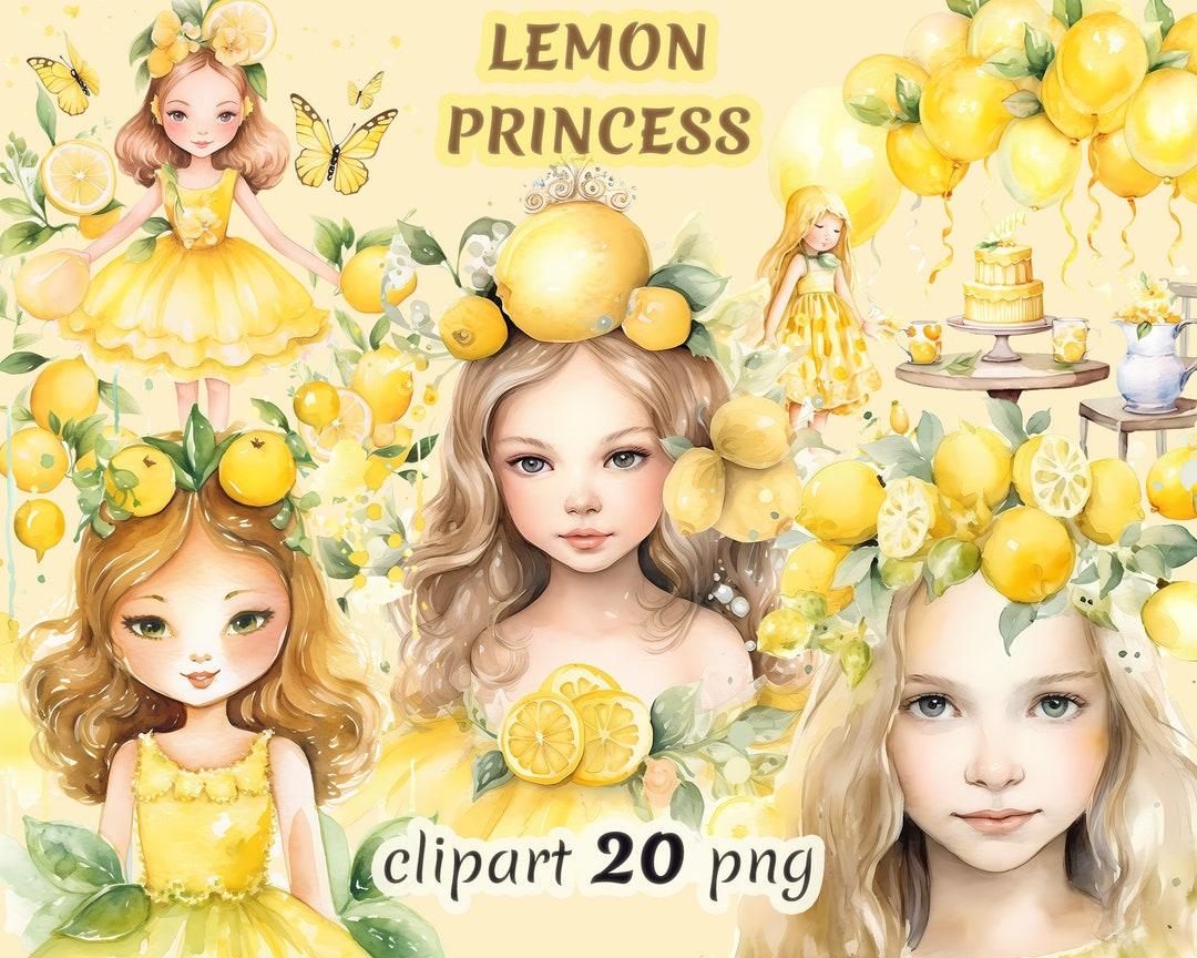 Watercolor Lemon Princess Clipart, Lemon Stand, Citrus Princess, Yellow ...
