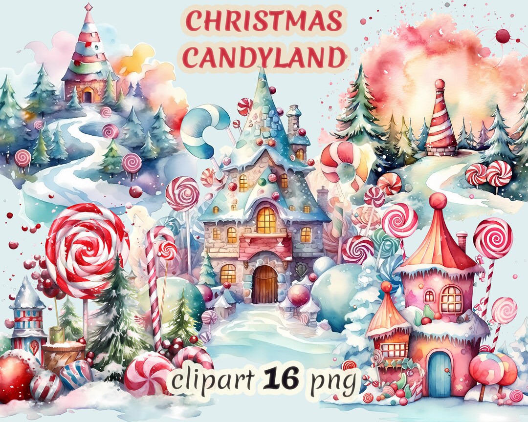 Watercolor Christmas Candyland Clipart, Santa Sweetland, Birthday ...