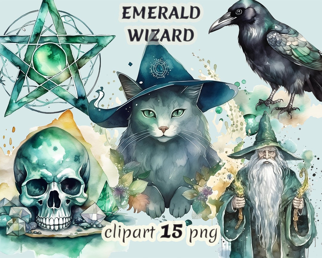 Watercolor Emerald Wizard Clipart Bundle on Transparent Background, Occult Power, Green ...