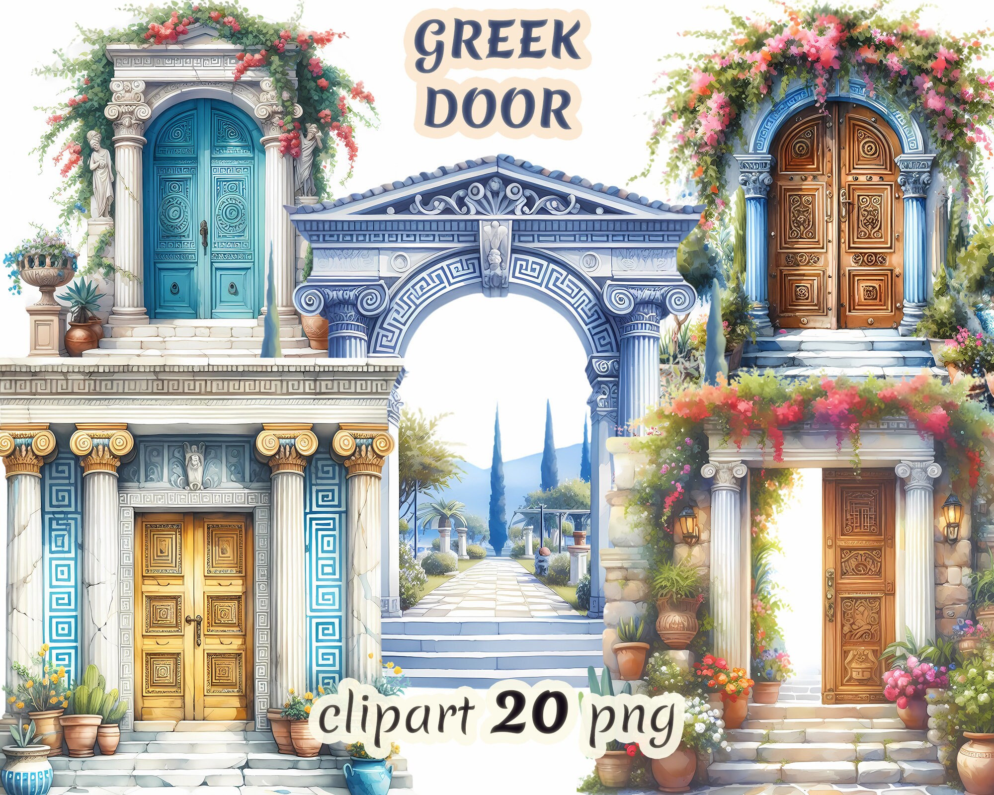 Watercolor Greek Door Clipart, Mediterranean Door, Antic Wooden Door ...
