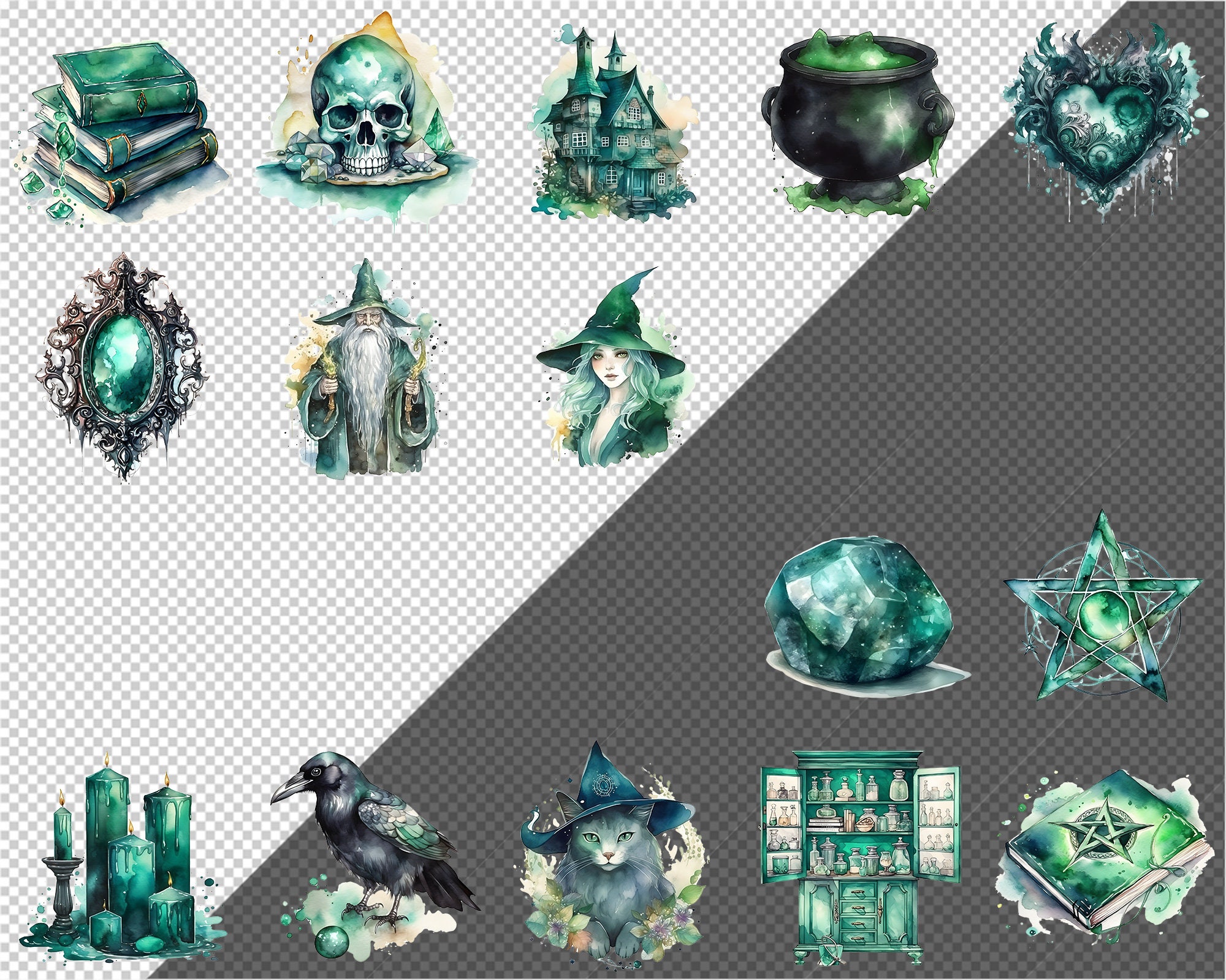 Watercolor Emerald Wizard Clipart Bundle on Transparent Background, Occult Power, Green ...