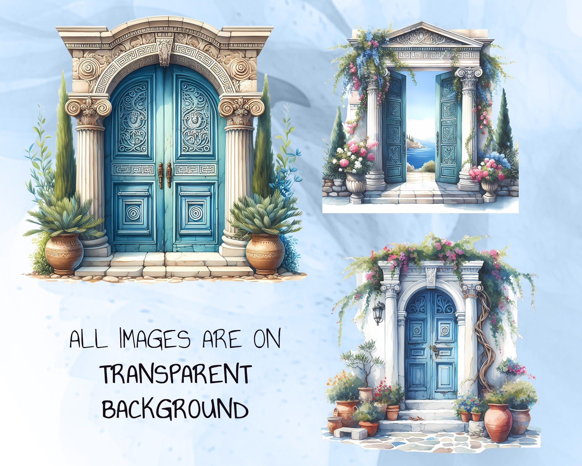 Watercolor Greek Door Clipart, Mediterranean Door, Antic Wooden Door ...