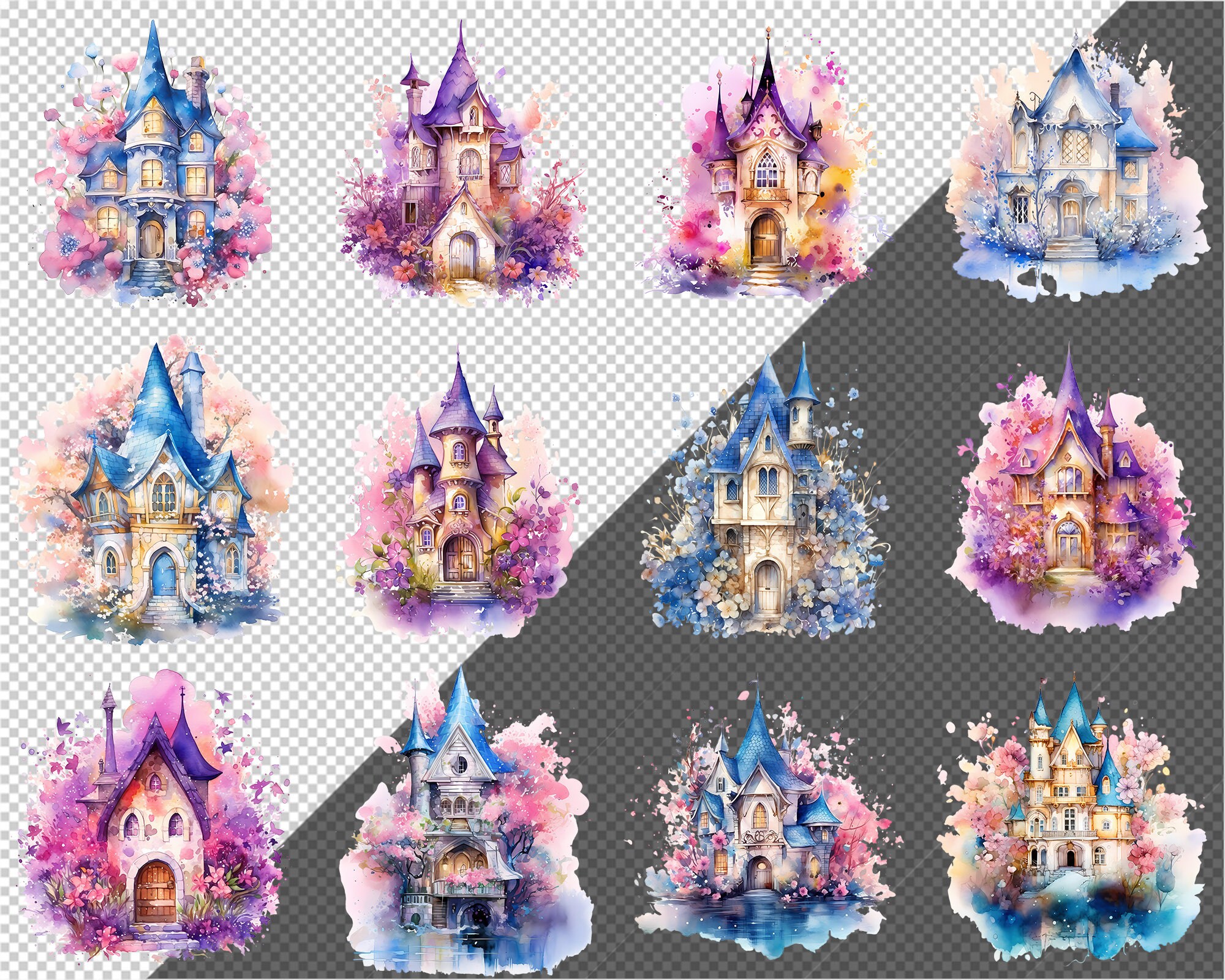 Watercolor Magic Mansions Clipart Bundle on Transparent Background, Pixie House, Magic Mansions ...