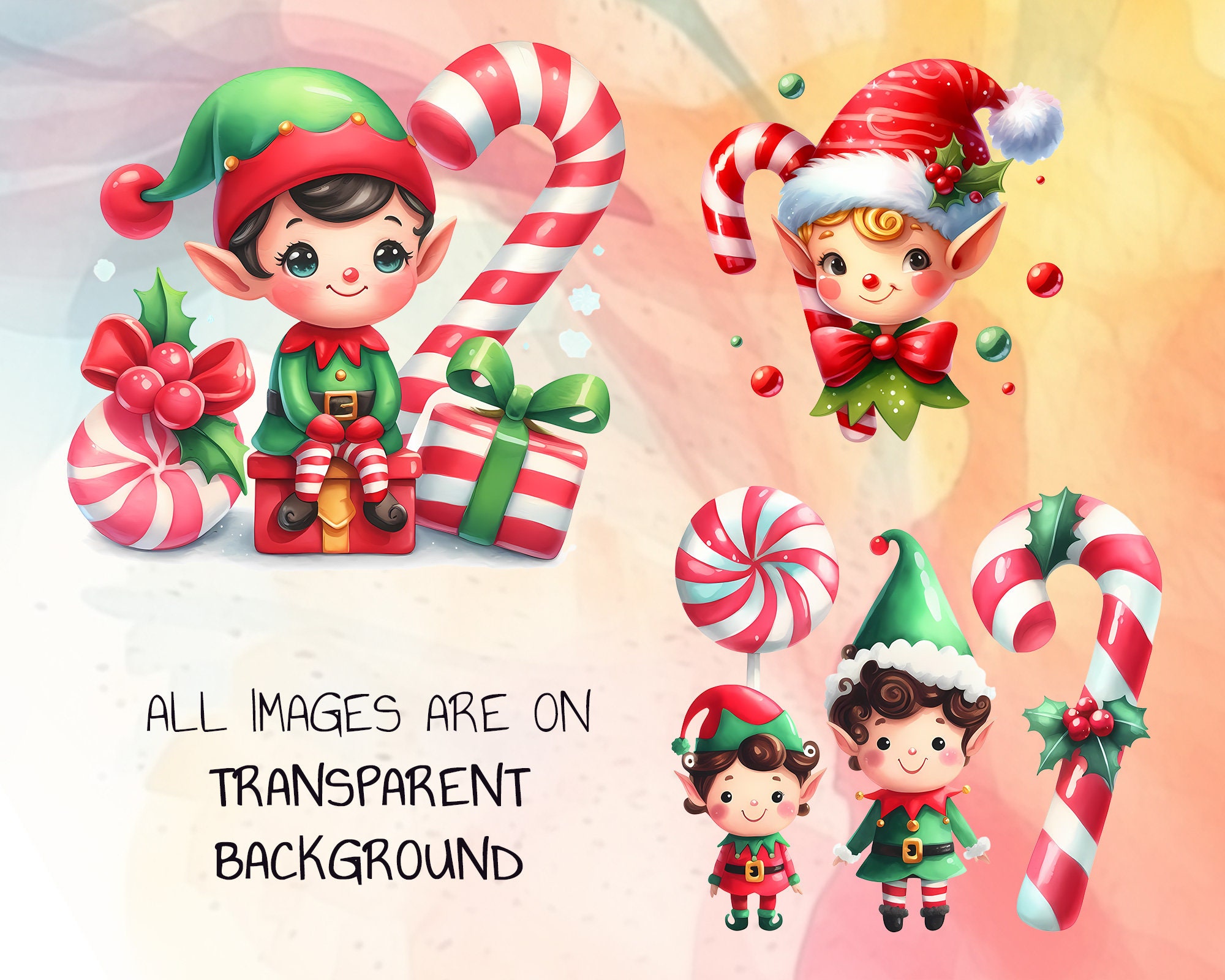 Watercolor Candy Elf Clipart, Candy Cane Pixie, Christmas Candies ...