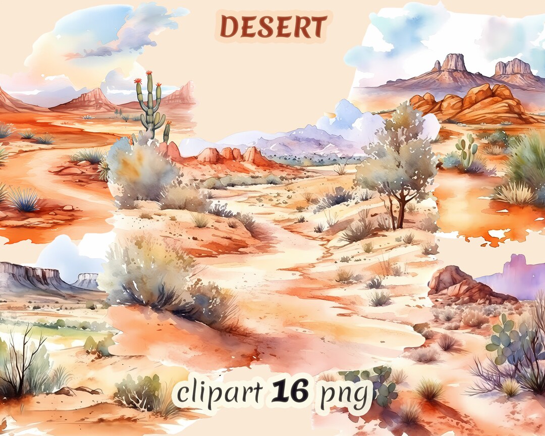 Watercolor Desert Clipart, Mesa and Butte, Arizona Landscape, Western ...