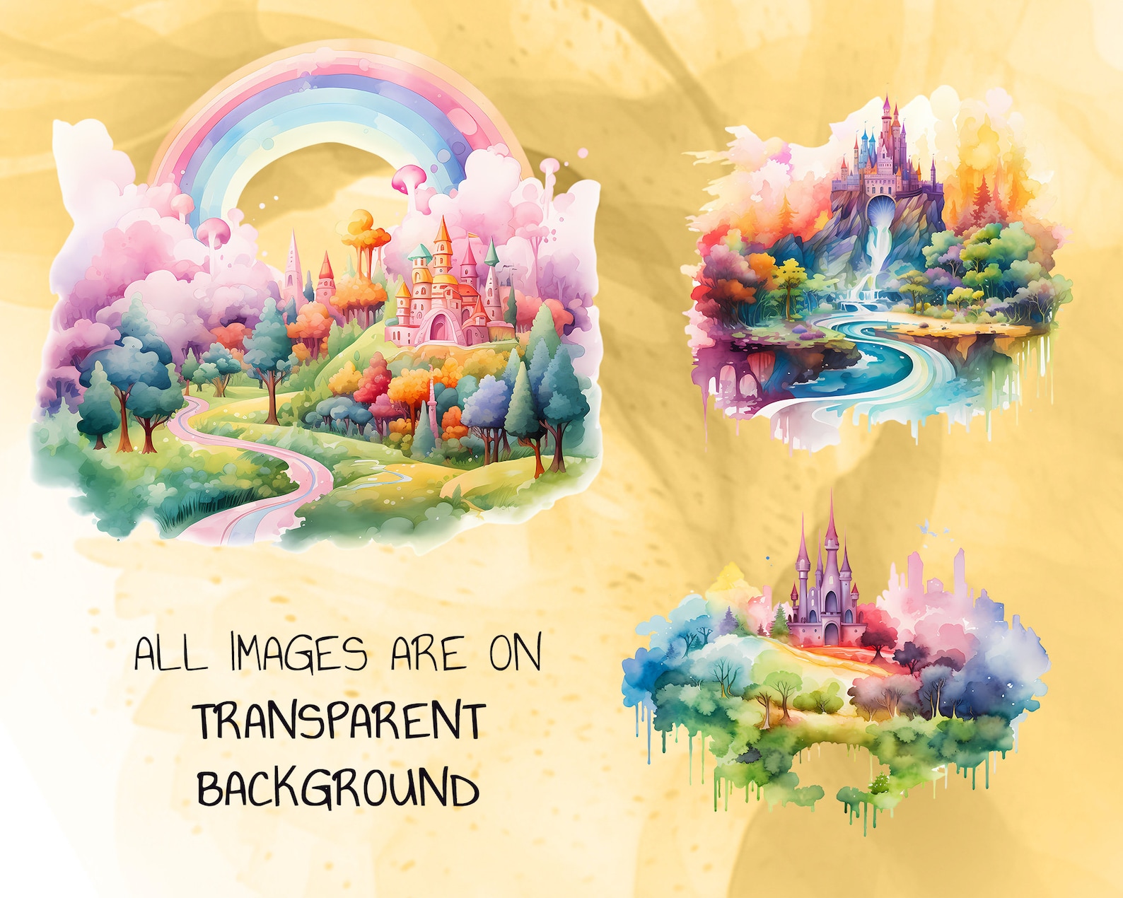 Watercolor Rainbow Land Clipart, Fairyland Clipart, Rainbow Castle ...