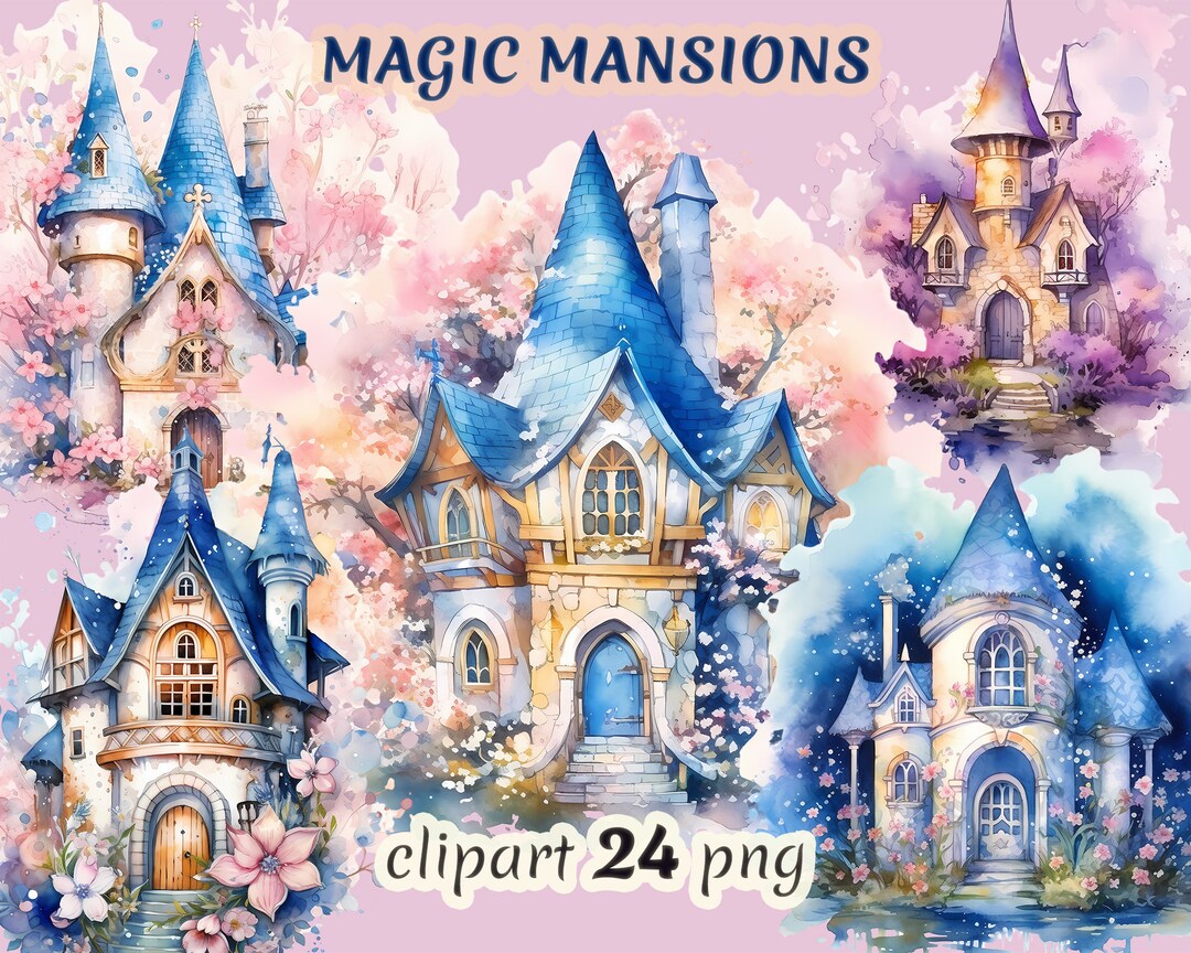 Watercolor Magic Mansions Clipart Bundle on Transparent Background, Pixie House, Magic Mansions ...