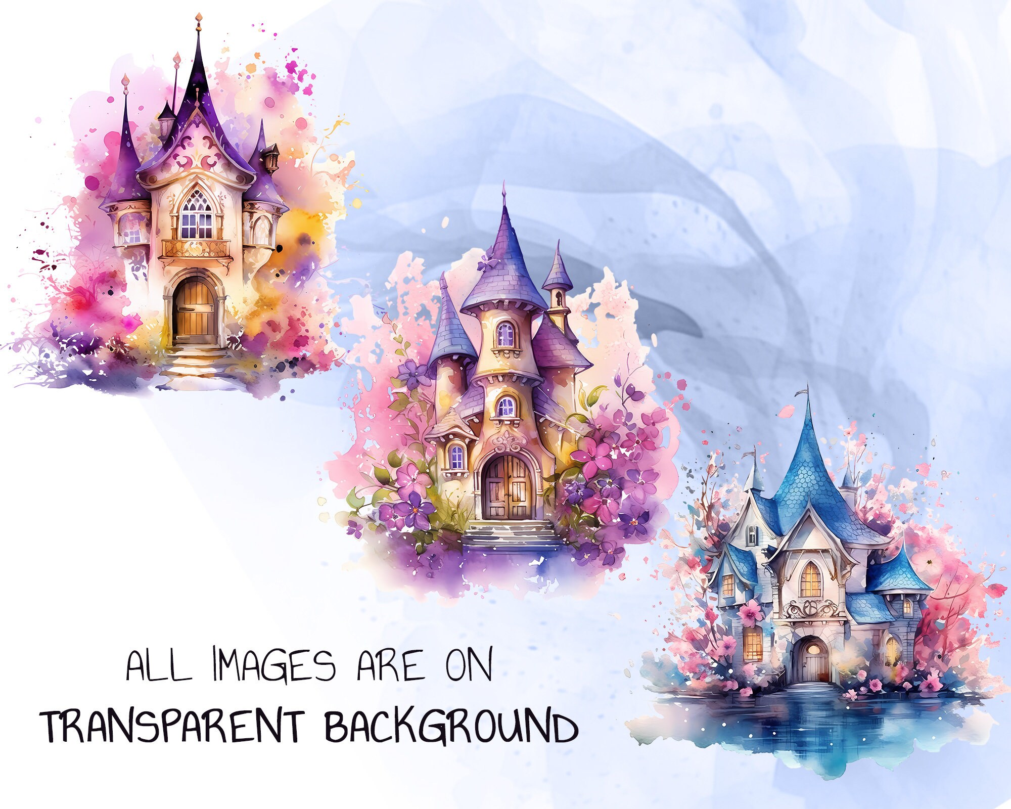 Watercolor Magic Mansions Clipart Bundle on Transparent Background, Pixie House, Magic Mansions ...