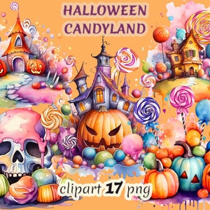 Watercolor Halloween Candyland Clipart Skull With Candy Trick or Treat ...