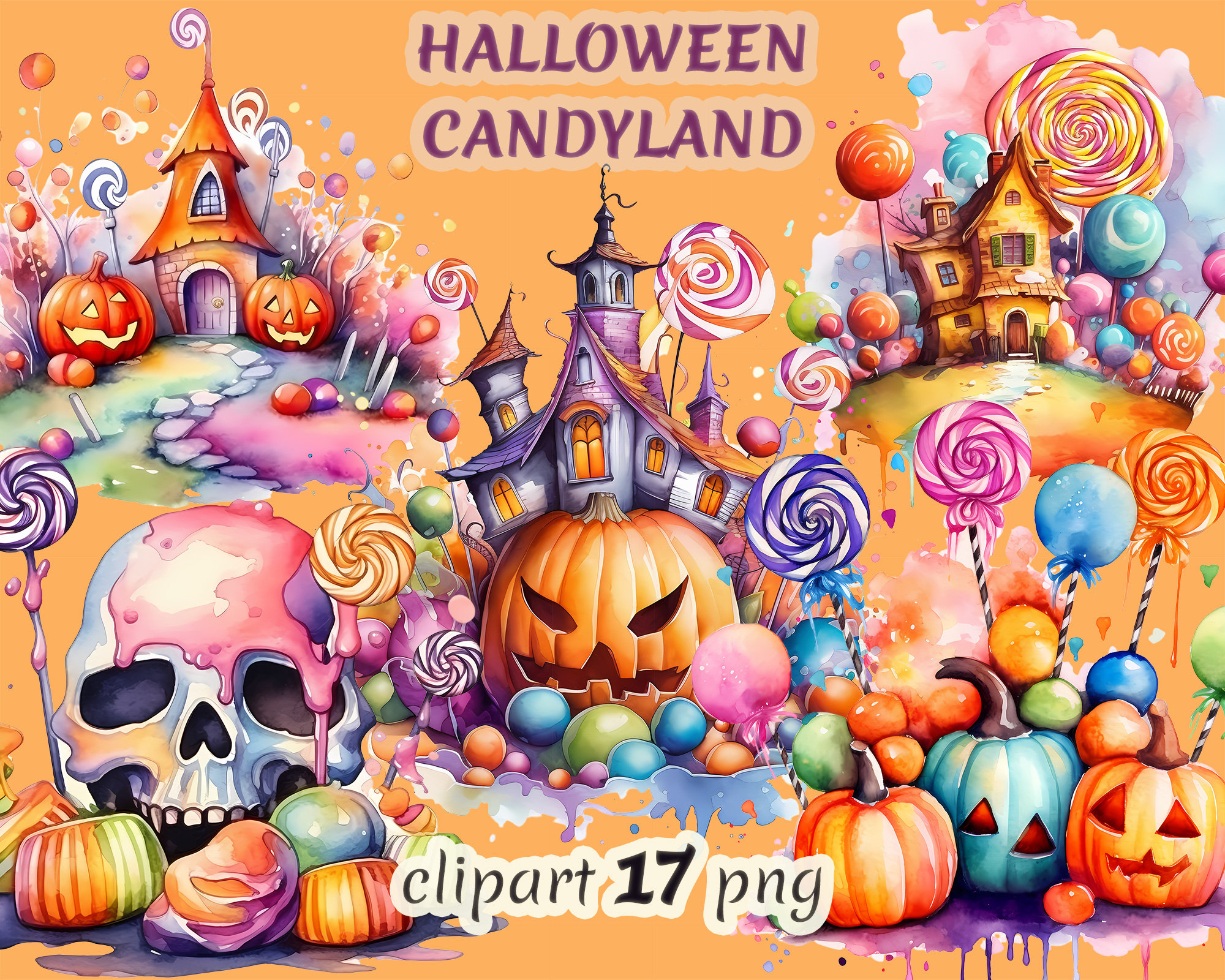 Watercolor Halloween Candyland Clipart Skull With Candy Trick or Treat ...