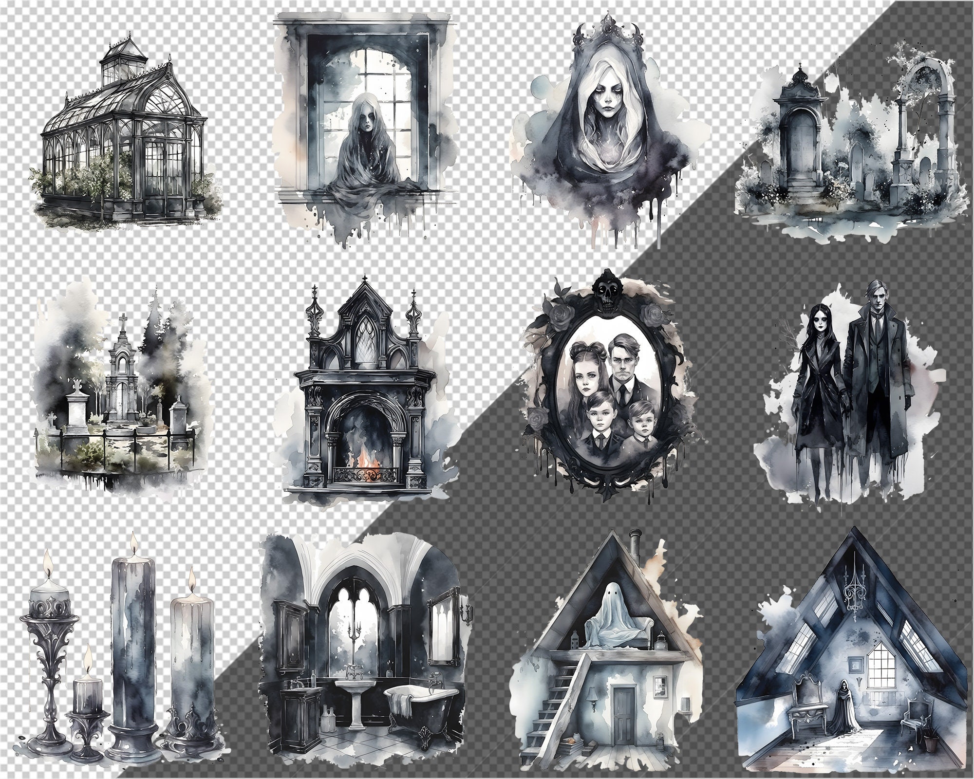 Watercolor Haunted House Clipart Bundle on Transparent Background ...