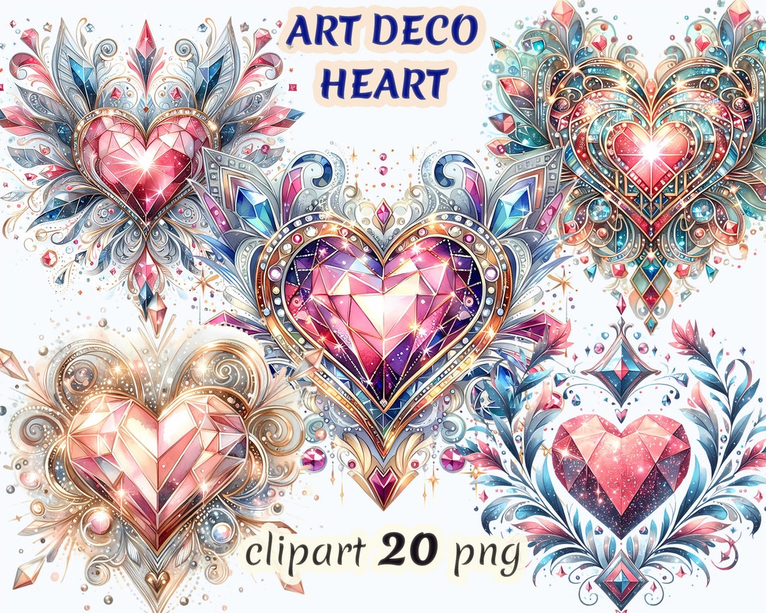Watercolor Art Deco Heart Clipart, Sparkling Heart, Sparkling Brooch ...