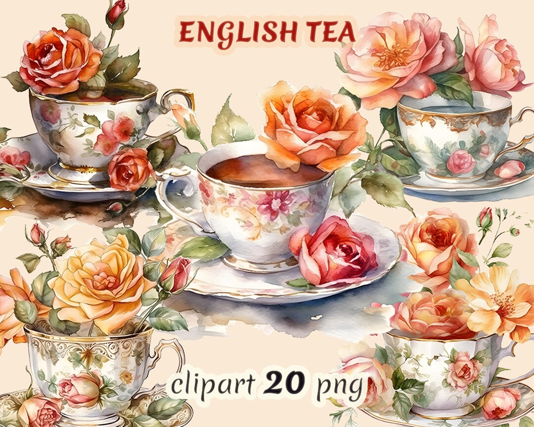 Watercolor English Tea Clipart Bundle Cups Roses Vintage - Etsy