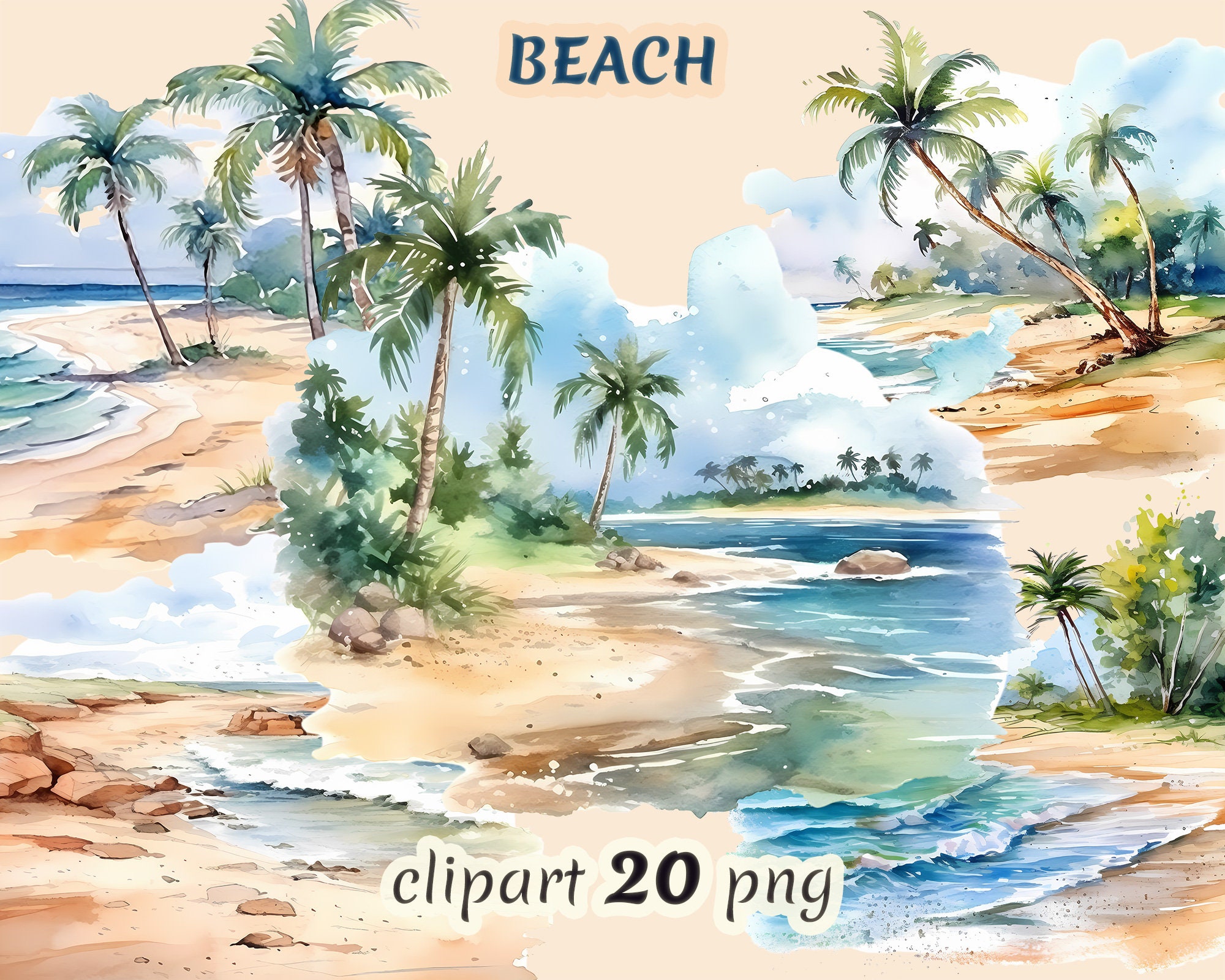 Watercolor Beach Clipart, Summer Vacation, Nautical Landscape, Seashore ...