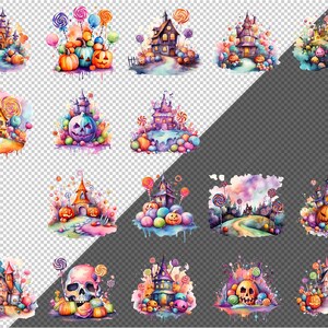 Watercolor Halloween Candyland Clipart Skull With Candy Trick or Treat ...