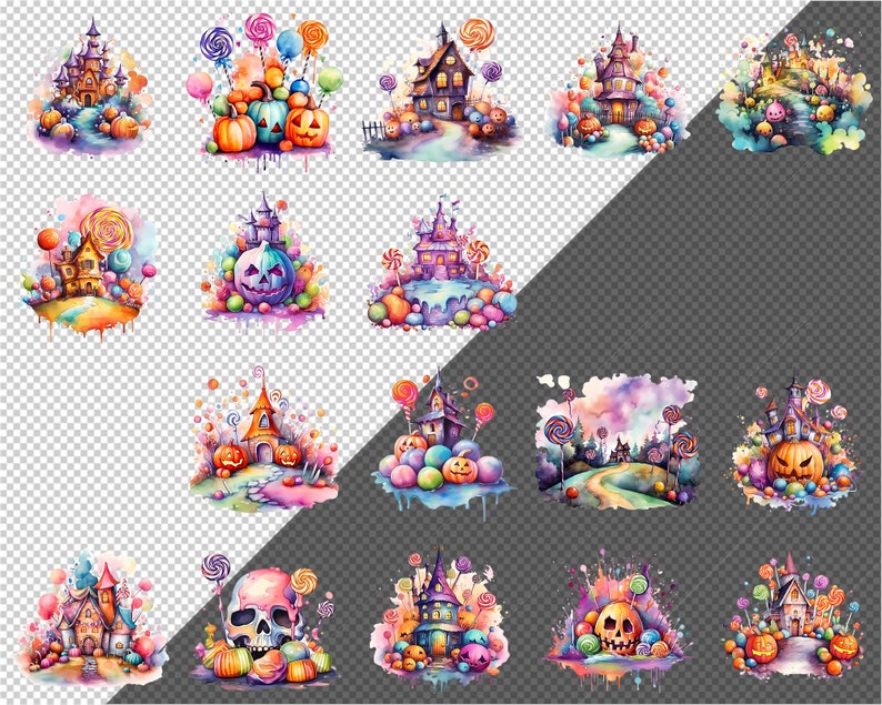 Watercolor Halloween Candyland Clipart Skull With Candy Trick or Treat ...