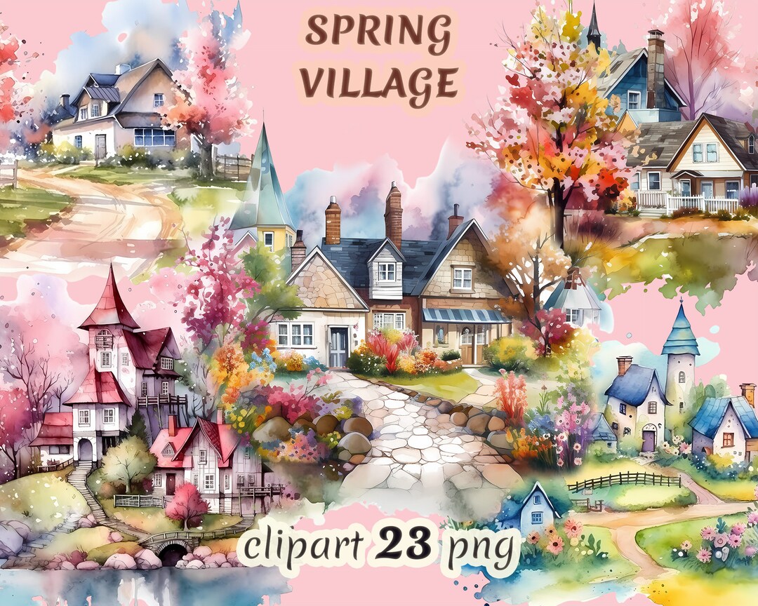 Watercolor Spring Village Clipart, Spring Countryside, Blossom Village ...
