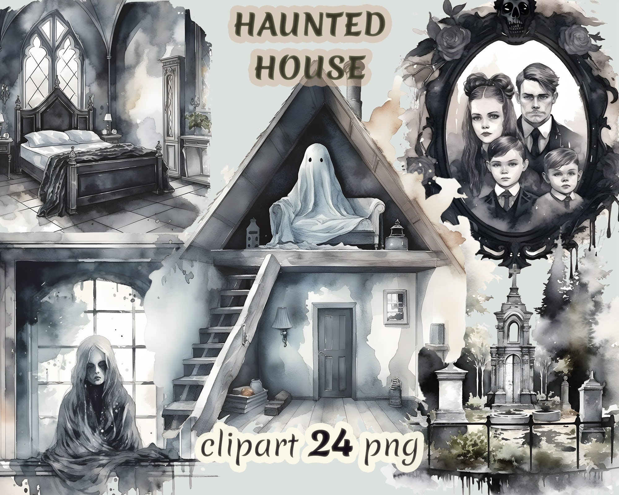 Watercolor Haunted House Clipart Bundle on Transparent Background ...