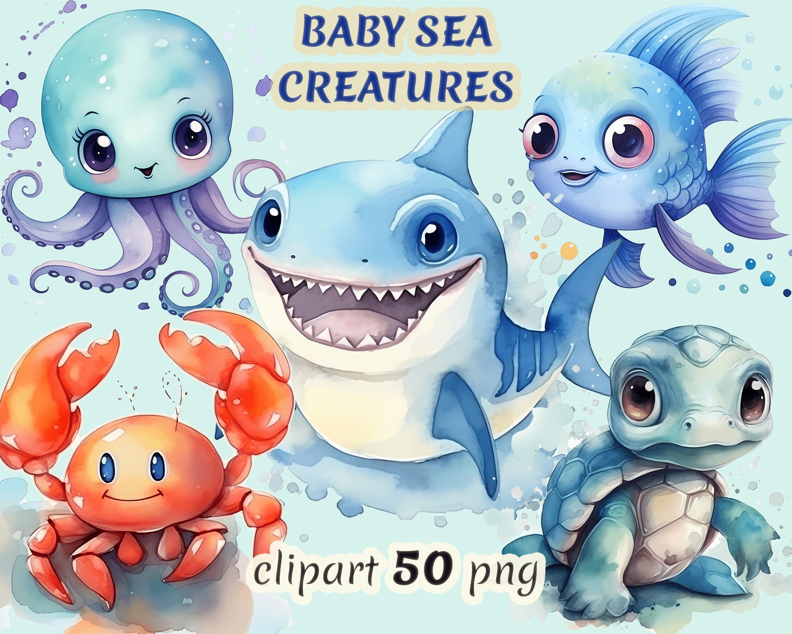 Watercolor Baby Sea Creatures Clipart, Cartoon Animals, Nursery Wall ...