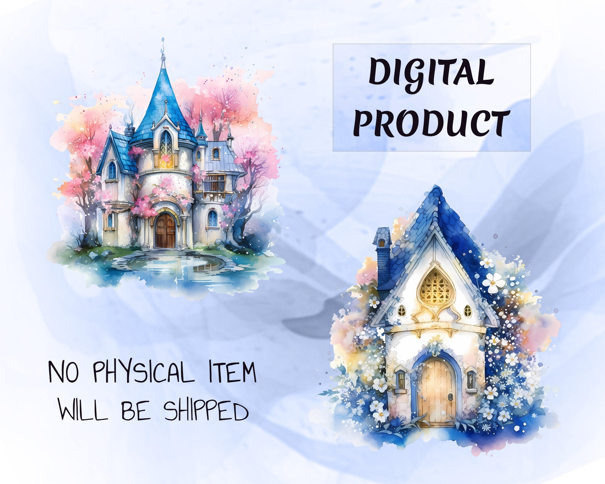 Watercolor Magic Mansions Clipart Bundle on Transparent Background, Pixie House, Magic Mansions ...