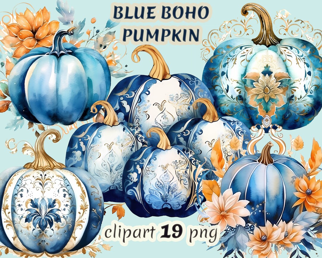 Watercolor Boho Blue Pumpkin Pumpkin in Basket Blue Squash - Etsy
