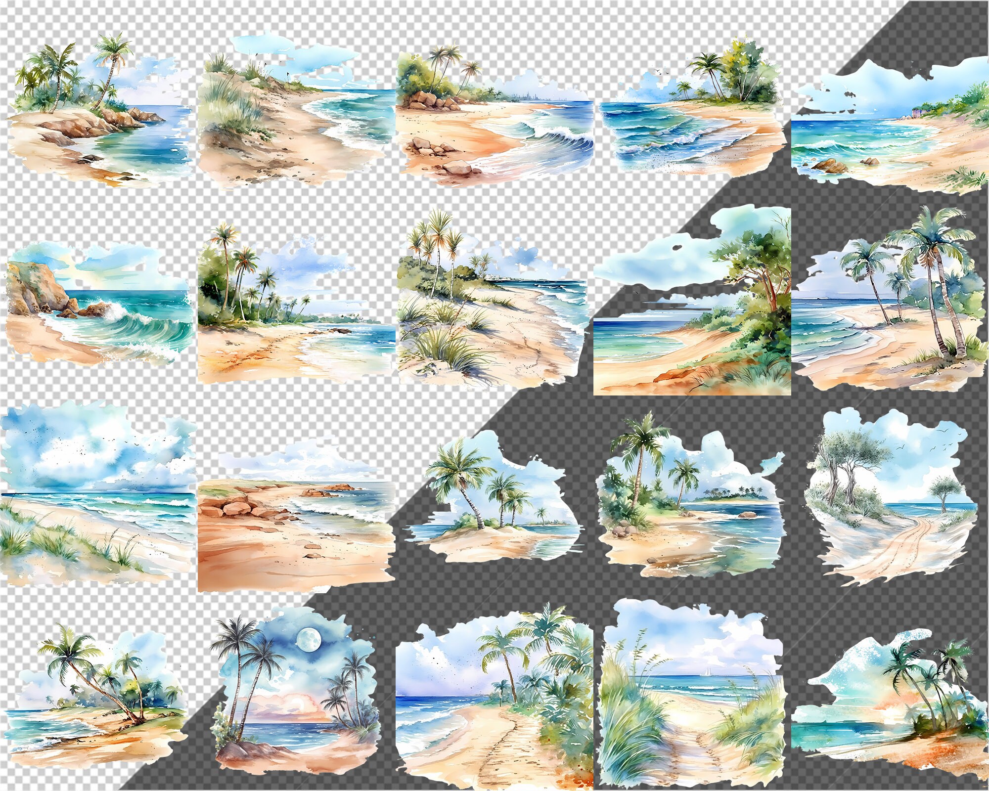Watercolor Beach Clipart, Summer Vacation, Nautical Landscape, Seashore ...