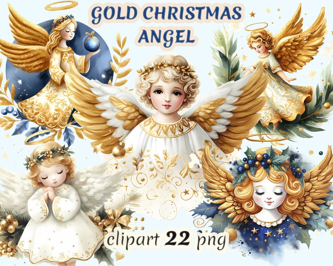 Watercolor Gold Christmas Angel Clipart, Christian Clipart, Golden ...