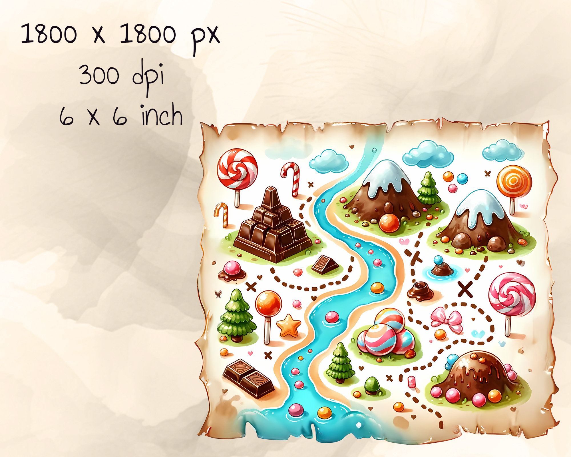 Watercolor Candyland Treasure Island Clipart, Candy Treasure Map, Candy ...