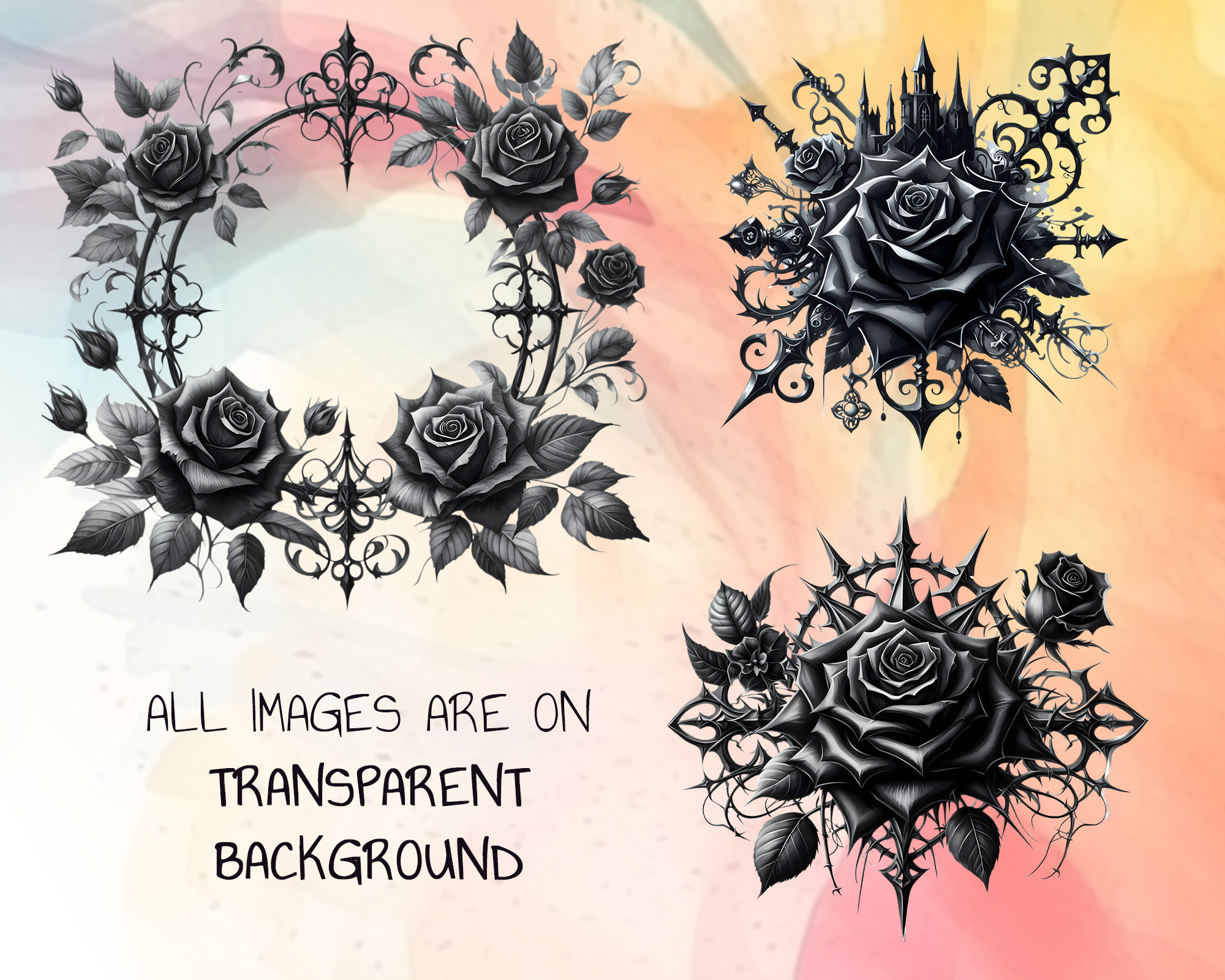 Watercolor Black Gothic Flower Clipart, Dark Fairytale Roses, Gothic ...