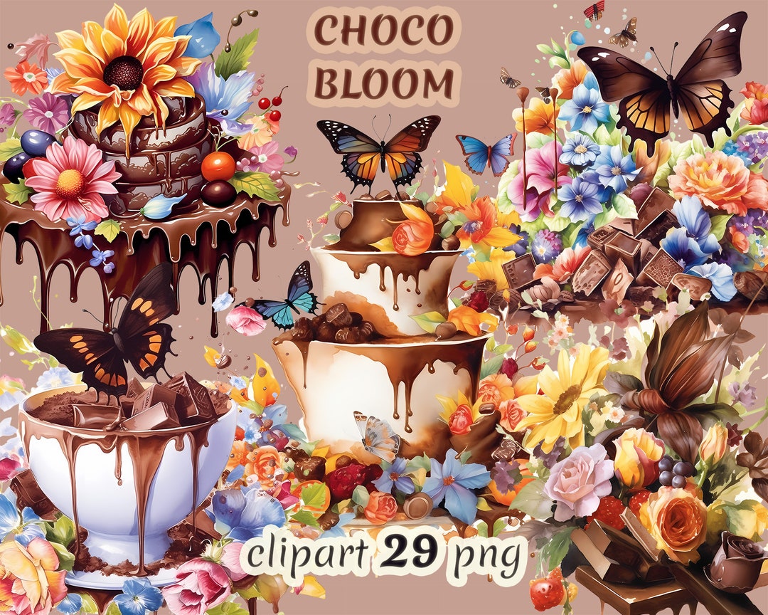 Watercolor Choco Bloom Clipart, Wedding Cake, Chocolate Fontain ...
