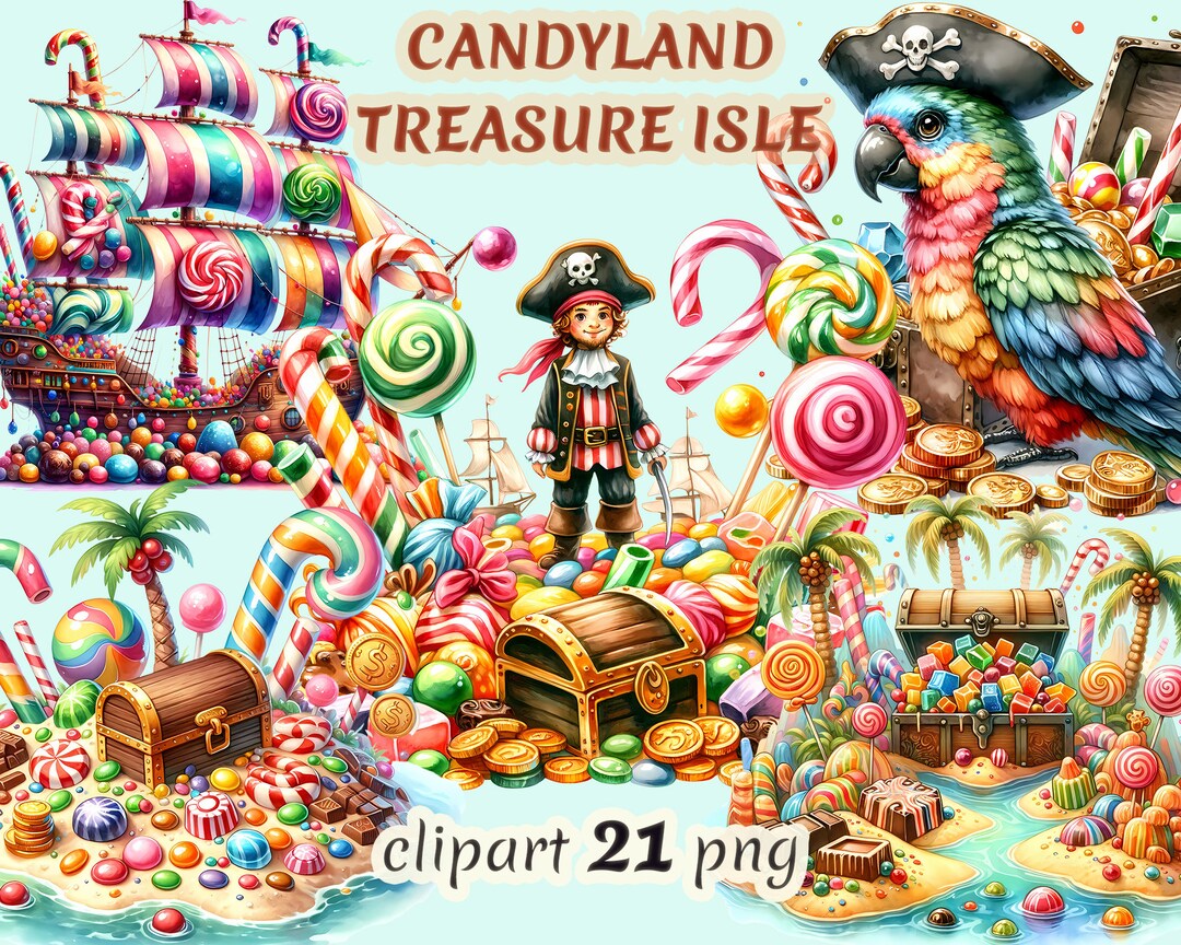 Watercolor Candyland Treasure Island Clipart, Candy Treasure Map, Candy ...
