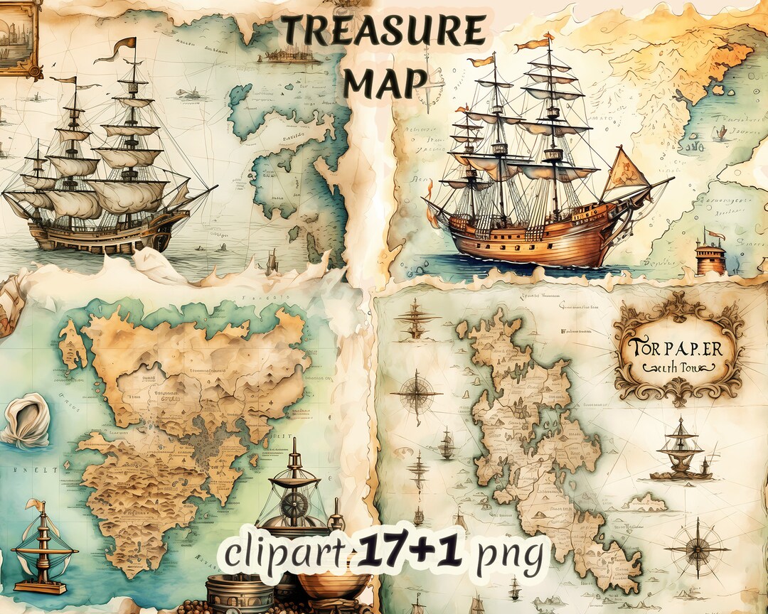 Watercolor treasure map clipart, ship and island, historic map png, old ...